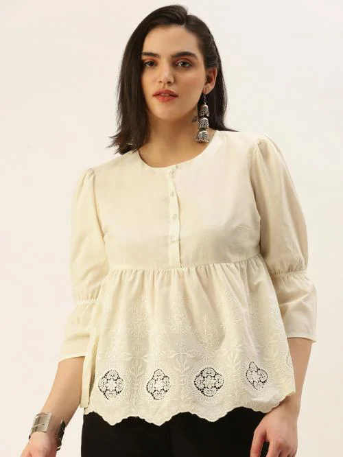 Buy De Moza Women White Embroidered Pure Cotton Casual Top (M) Online ...