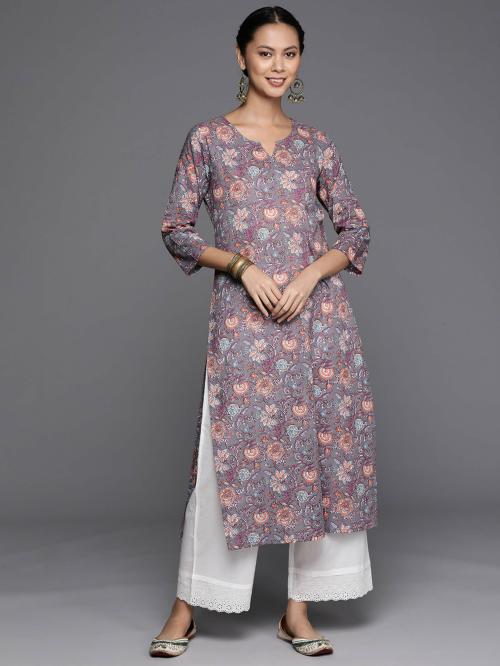 Buy Varanga Women Grey Three- Quarter Sleeve Straight Kurta. Online at ...