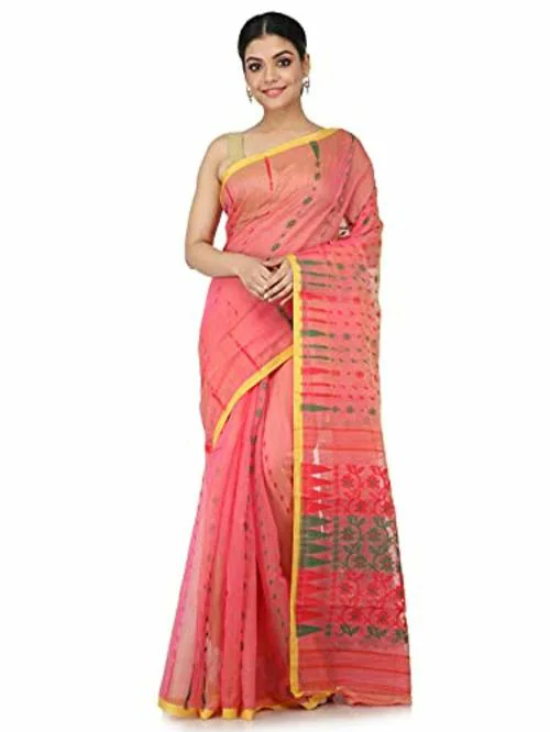 Buy PinkLoom Women Pink Handloom Pure Cotton Jamdani Saree Without Blouse Piece Online at Best ...