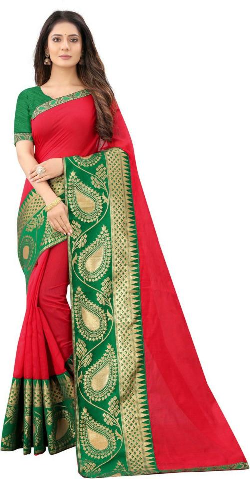 Buy Febo Fashion Women Red Woven Design Cotton Blend Single Saree ...