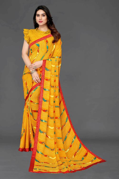 Buy sareya veela Leheria Women Yellow Graphic Georgette Sarees Online ...