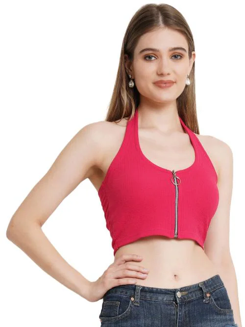 Buy Popwings Casual Sleeveless Pink Solid Crop Top for Women ! Solid Strap Pink Zipper Girls ...