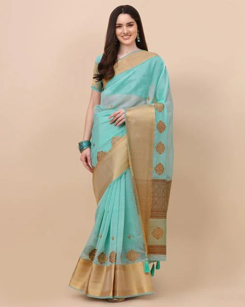 Buy Rekha Maniyar Orangza Firozi Color Woven Design Saree for Women ...