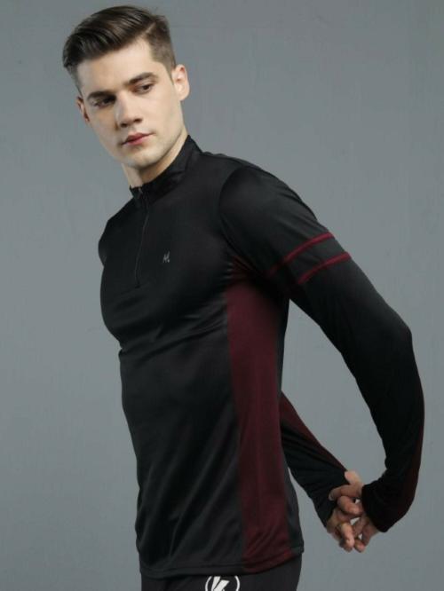 Buy MANIAC Men Black Color Color Block Polyester T-shirt Online at Best ...