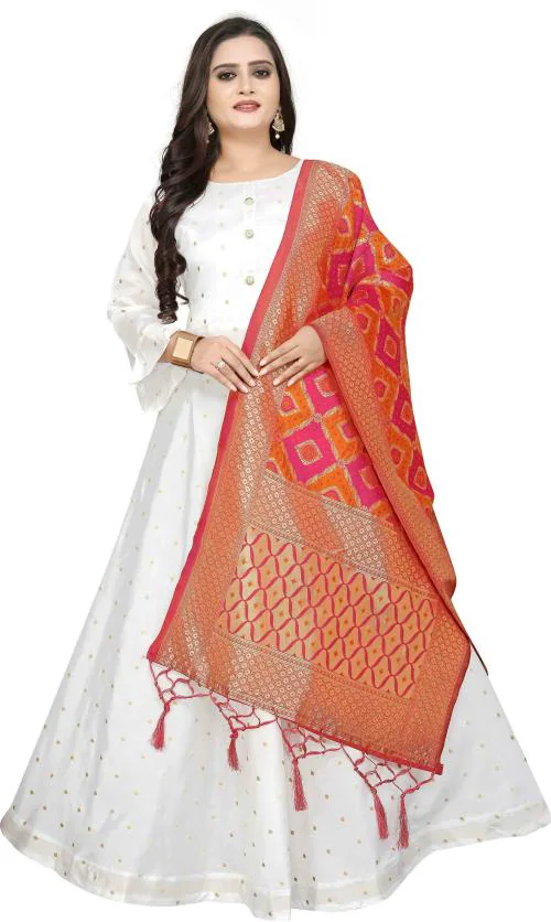 Buy VM Tejani Women White Solid Jacquard Semi Stitched Anarkali Gown ...