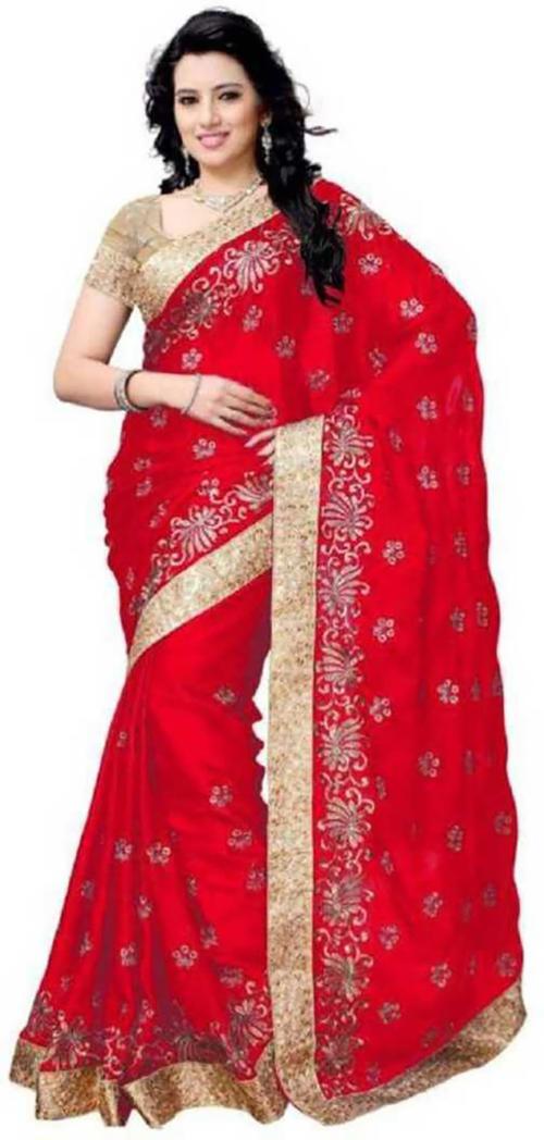 Buy N V Patel Women Red Embroidered Silk Blend Bollywood Saree Online ...
