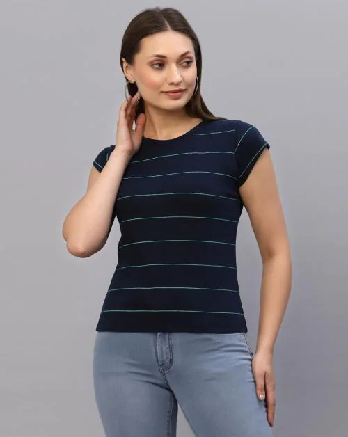 Buy Rigo Women Navy Blue Stripes Round Neck Top Online at Best Prices ...