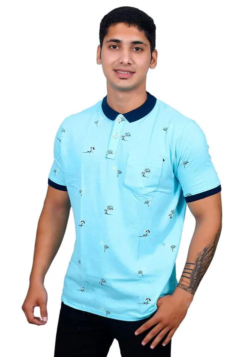 Buy THALASI Men's Half Sleeve Printed Blue Polo Neck T-shirt Online at Best Prices in India ...