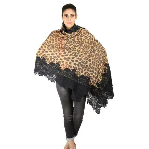 Buy Igm Women Black Printed Wool Silk Blend Four Side Lace Stole Online ...