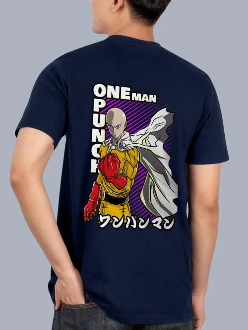 Buy BLISSINK One Man Punch Front And Back Printed Navy Blue Cotton ...