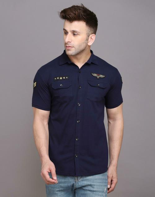 Buy GEUM Men Dark Blue Solid Cotton Blend Casual Shirt shirt for men | shirts | shirt for mens ...