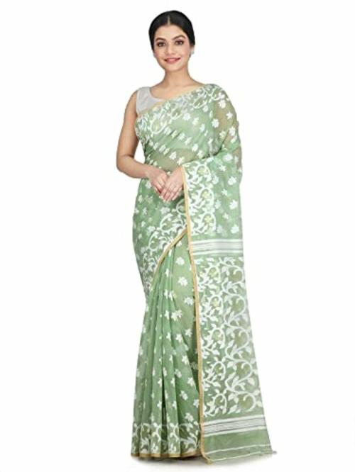 Buy PinkLoom Women Green Woven Pure Cotton Woven Saree without Blouse Piece Online at Best ...