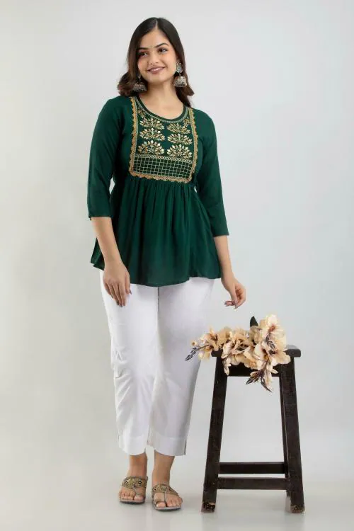 Buy WOMEN TOUCH Women Green Embroidered Rayon Tops Online at Best ...