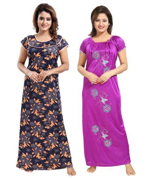 Buy Glam World Women Multicolor Printed Satin Nighty - Free Size (Pack ...