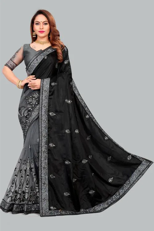 Buy N V Patel Women Black Embroidered Silk Blend Bollywood Saree Online ...