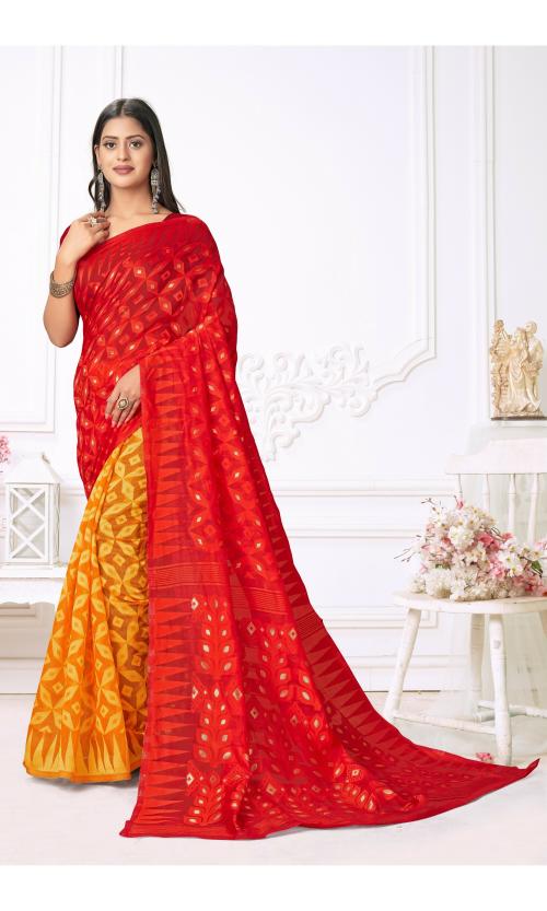 Buy NOPSE Women's Cotton Designer Jamdani Saree (Apsara Red) Online at ...