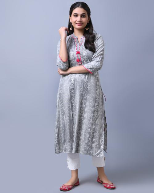 Buy Rangmayee Women Grey & White Bandhani Printed Straight Kurta Online ...