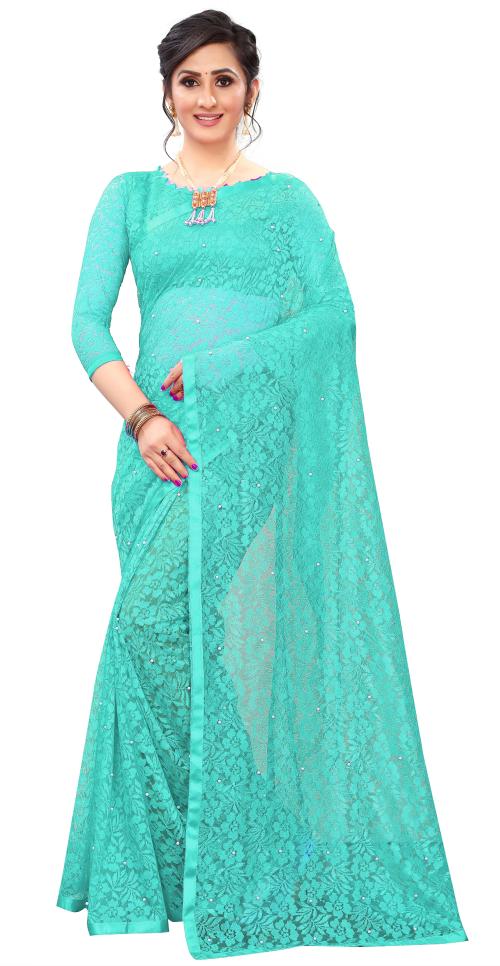 Buy LOROFY Women Light Blue Net Saree Online at Best Prices in India ...