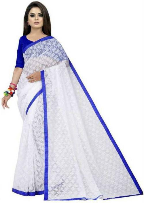 Buy VANRAJ CREATION Women White and Blue Self Design Net Saree Online ...