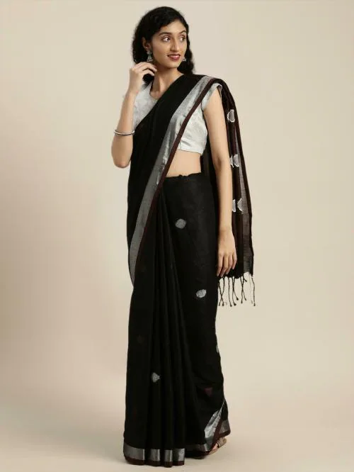 Buy VASTRANAND Women Black Linen Blend Woven Design Saree Online at ...