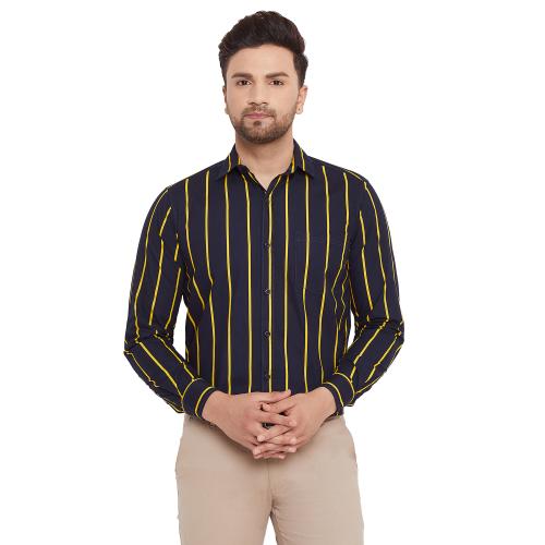 Buy D Kumar Men's Cotton Regular Fit Navy Blue Yellow Striped Full ...
