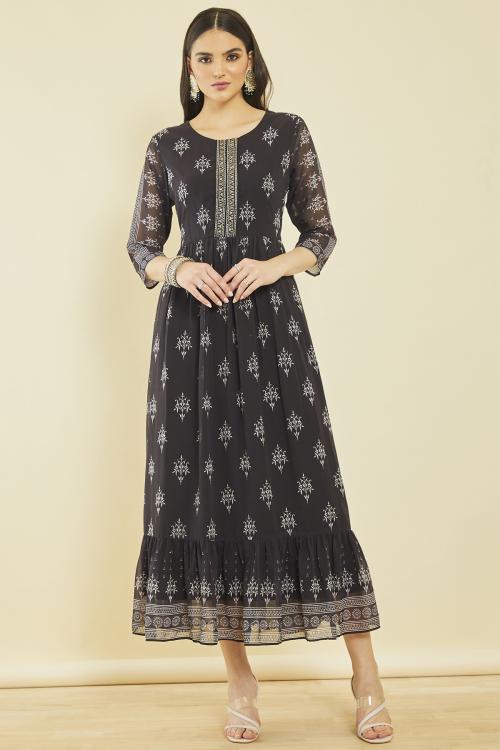 Buy Soch Black Georgette Botanical Print Dress With Cutdana Online at Best Prices in India ...