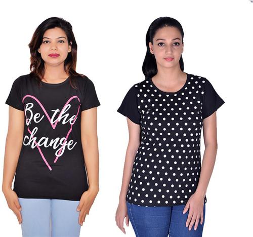 Buy CHOZI Women Multicolor Typography Cotton Blend Pack of 2 T-Shirt ...
