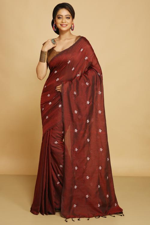 Buy Abrita Saree Handloom Shiuli Flower Butik Work Saree With Blouse Piece (Red) Online at Best ...