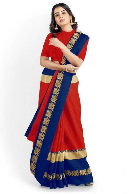 Buy SWIFFIN Exclusive Collection Cotton Silk Banarasi Red-Navy Blue ...