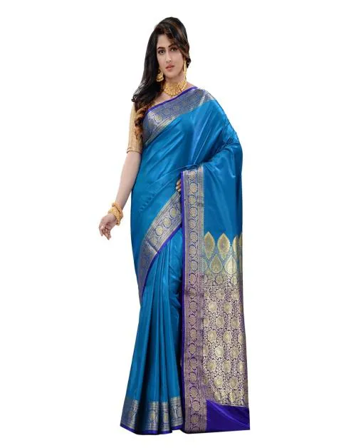 Buy Naeusa Designer Banarasi Satin Silk Saree (Turquoise Blue Firozi ...