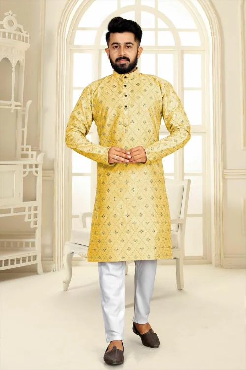 Buy AMCUBE TECH Embroided Cotton Kurta for Men with Mirror Work (Yellow ...