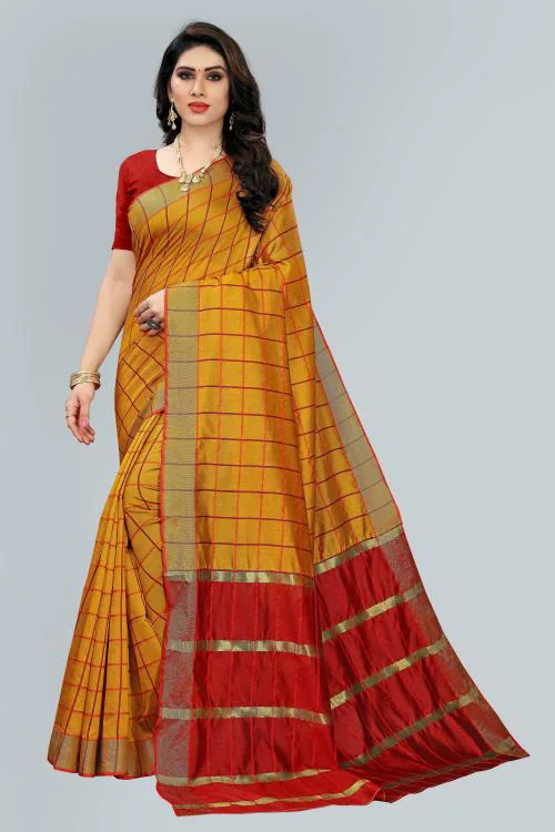 Buy sareya veela Chettinadu Women Mustard Checkered Art Silk Sarees ...