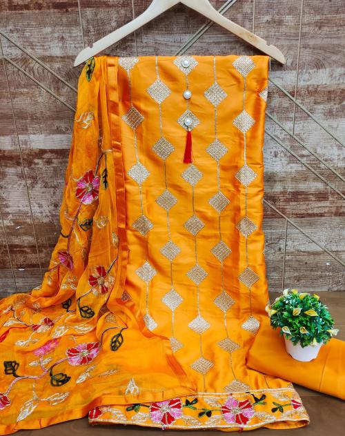 Buy Gunvanti Fab Women Orange Embroidered Cotton Silk Unstitched Kurta ...