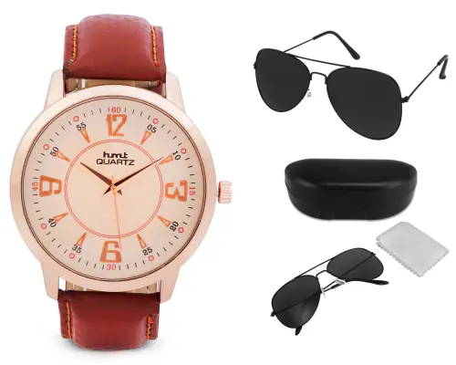 Buy HMTO Brown Leather Analog Watch With Black Aviator Sunglasses ...