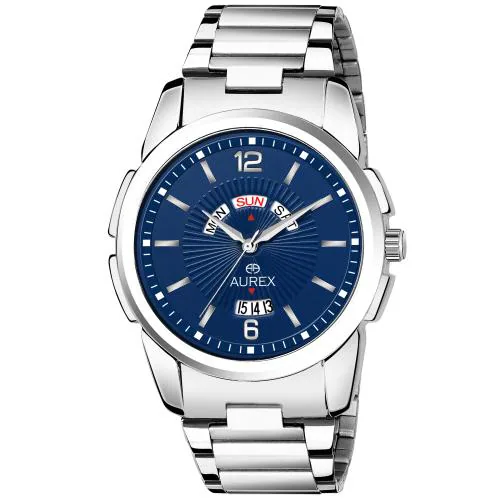 Buy Aurex Analog Blue Dial Stainless Steel Bracelet Day & Date Watch ...