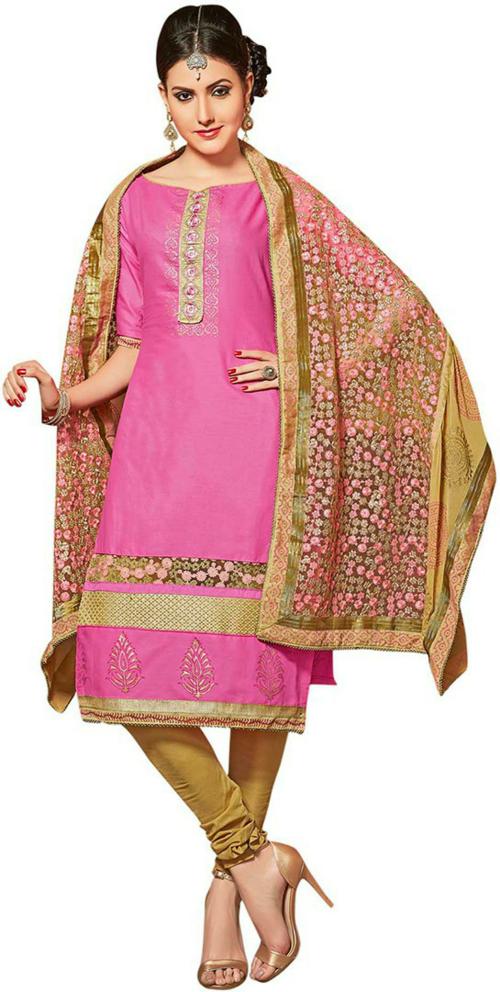 Buy Manvaa Women Pink Embroidered Cotton Semi-Stitched Dress Material ...