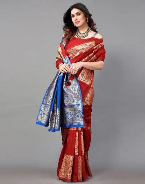 Buy Siril Poly Silk Red Color Saree with Blouse piece | sarees for ...