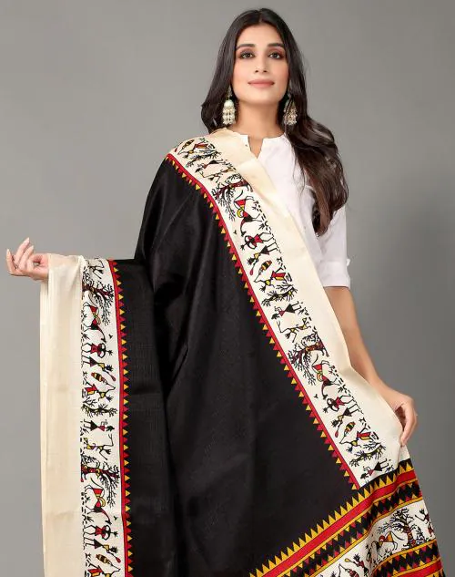Buy Siril Women's Black Color Animal Print Khadi silk Dupatta Online at Best Prices in India ...