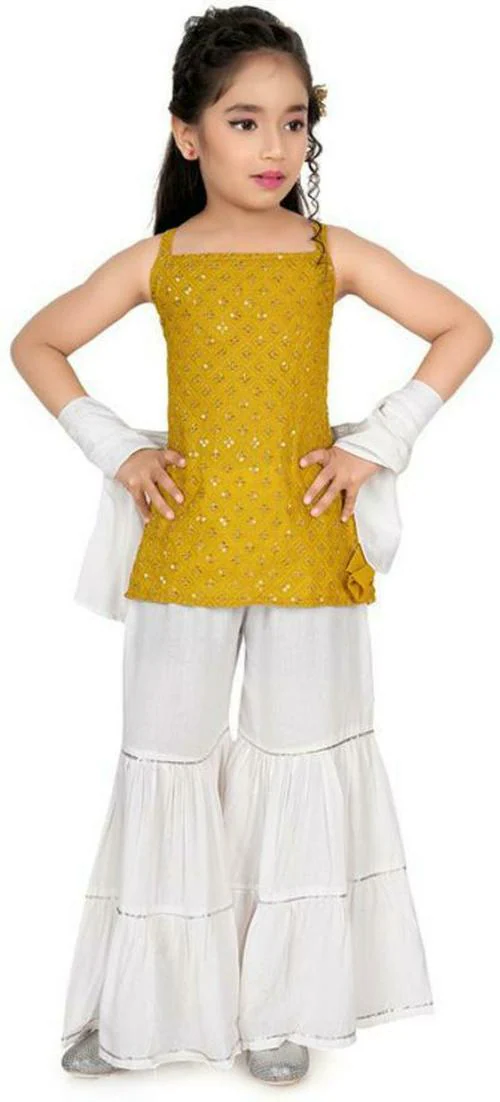 Buy AKRAM GARMENT Girls Yellow, White Embellished Cotton Lycra Blend ...