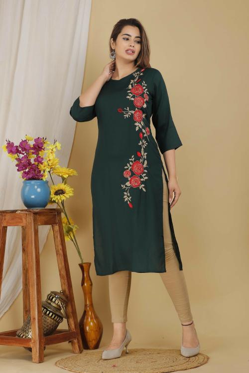 Buy Mehsoos Women Dark Green Embroidered Viscose Rayon Straight Kurta ...