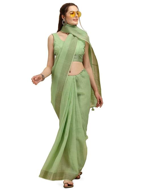 Buy Dungrani Women Light Green Striped Linen Saree With Unstitched ...