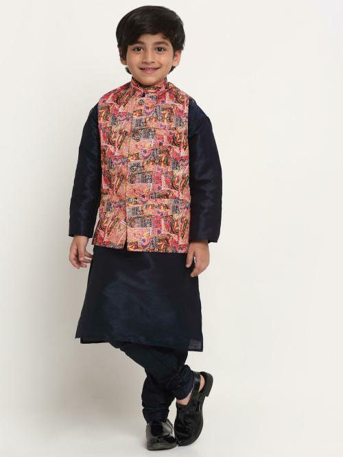 Buy Benstoke Boys Navy Blue & Pink Abstract Silk Blend Kurta Pyjama Set ...