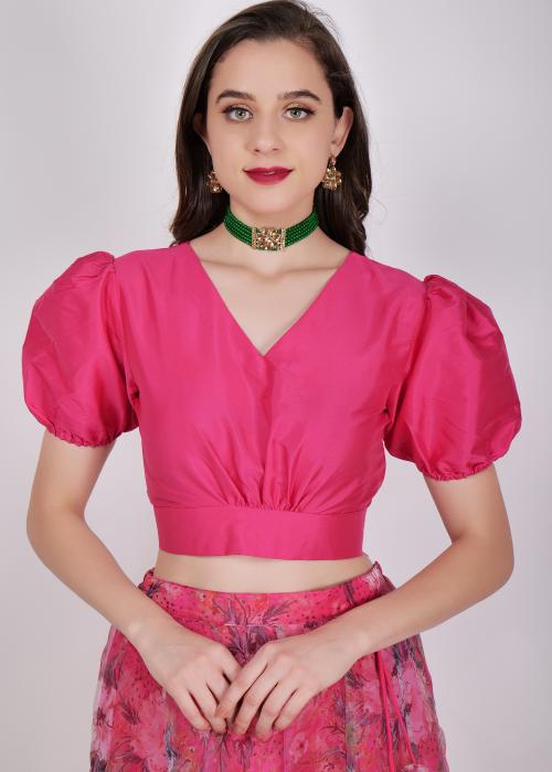 Buy FR Frolic Rolic Women's Girls Silk Puff Sleeve Solid V-Neck Crop ...