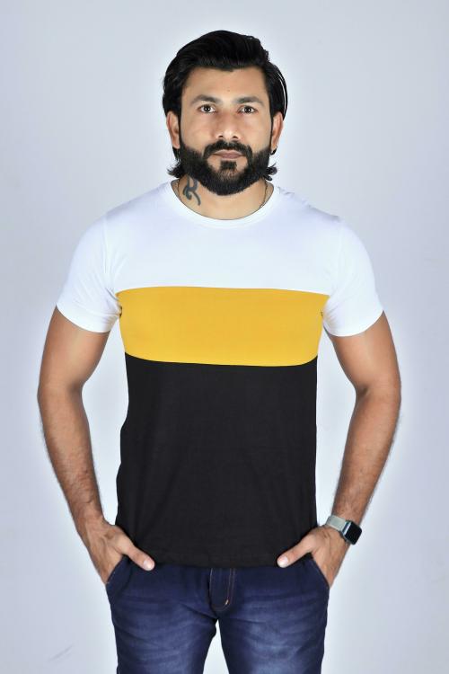 Buy MOODY SPARK Men Yellow Colorblock Pure Cotton Round Neck T-shirt (S ...