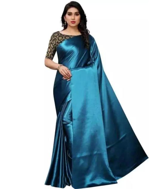 Buy Siril Satin & Silk Blue Color Saree with Blouse piece Online at ...