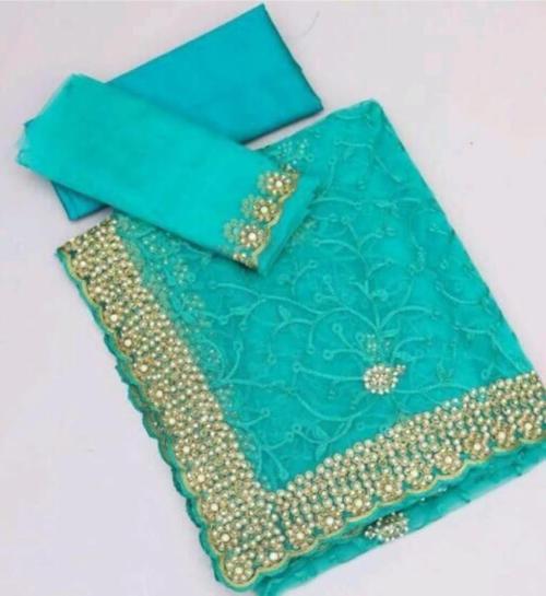 Buy Harmi Fashion Women Light Blue Embroidered Net Bollywood Saree ...