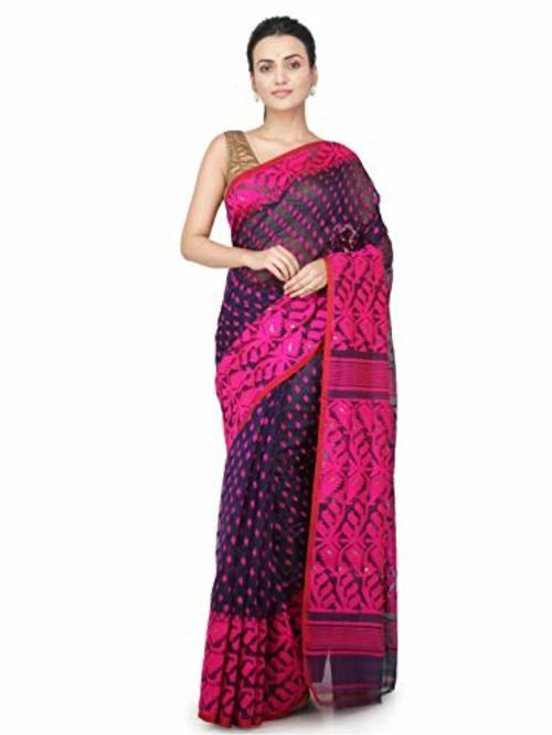 Buy PinkLoom Women Pink and Dark Blue Handloom Pure Cotton Saree Without Blouse Piece Online at ...
