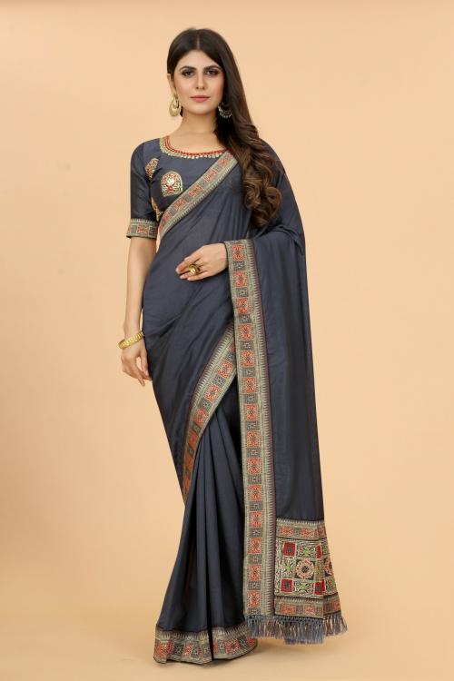 Buy SWIFFIN New Releases Vichitra Silk Banarasi Dark Blue Saree For ...