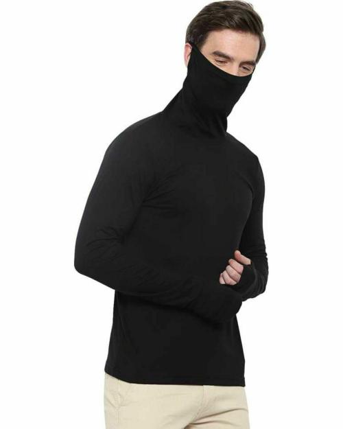 Buy Glito Solid Black Full Sleeves Thumbhole High Neck With Mask attached T-shirts For Men's ...