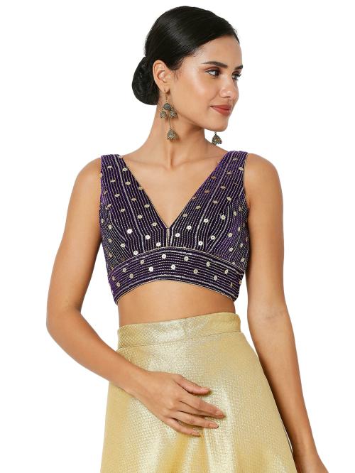 Buy Salwar Studio Women's Brinjal Velvet Embroidered Readymade Saree Blouse Online at Best ...